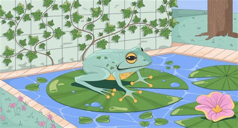 Peaceful Frog On Lily Pad In Pond Against Ivy Wall Lofi Wallpaper Stock