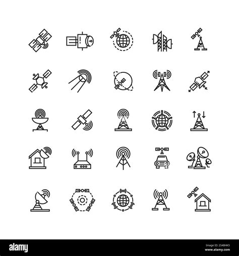 Satellite And Orbit Communication Aerial Line Thin Icons Satellite