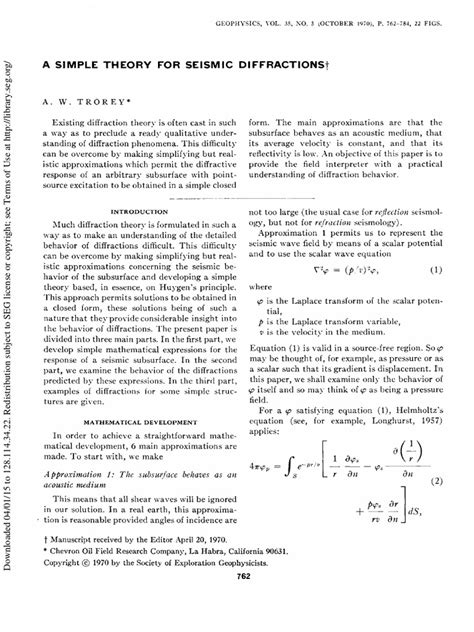A Simple Theory For Seismic Diffractions Trorey 1970 Pdf