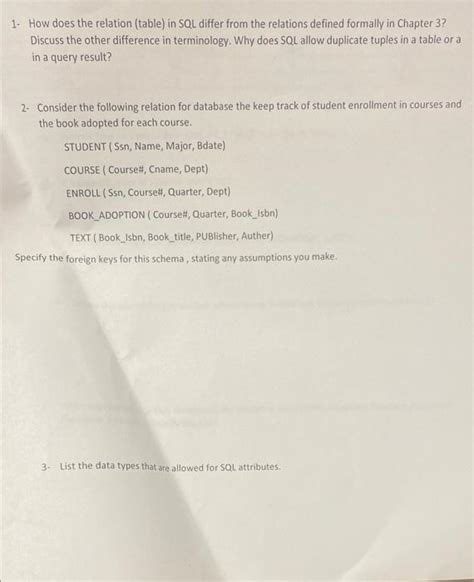 Solved 1 How Does The Relation Table In Sql Differ From