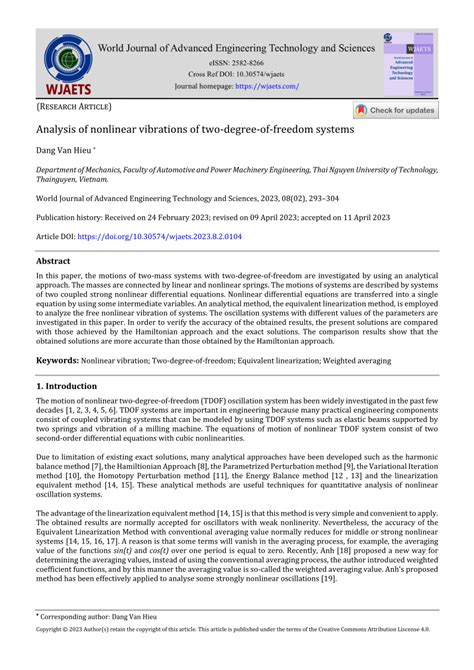 Pdf Analysis Of Nonlinear Vibrations Of Two Degree Of Freedom Systems