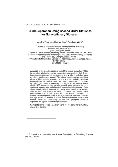 Pdf Blind Separation Using Second Order Statistics For Non Stationary Signals