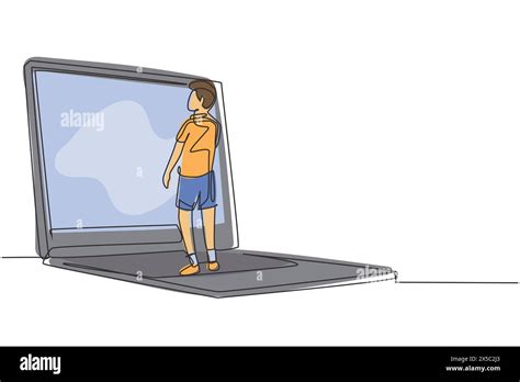 Single Continuous Line Drawing Male Junior High Babe Babe Writing On Giant Laptop Screen