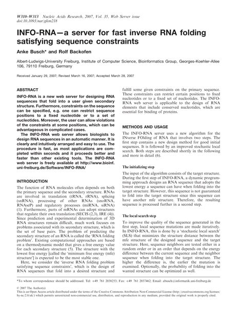 Pdf Info Rna—a Server For Fast Inverse Rna Folding Satisfying Sequence Constraints
