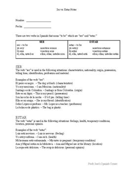 Ser Vs Estar Notes And Practice Worksheets Worksheets Tpt