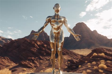 Premium Ai Image Crome Robot Woman Posing With Spread Arms Artificial Intelligence Rise And