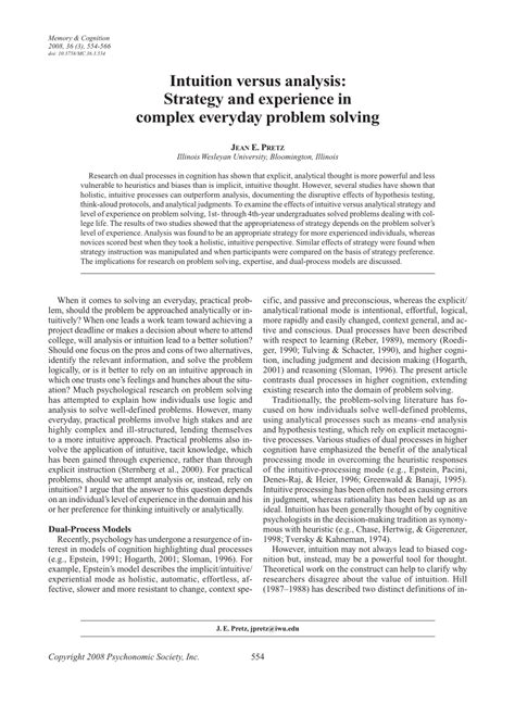Pdf Intuition Versus Analysis Strategy And Experience In Complex Everyday Problem Solving