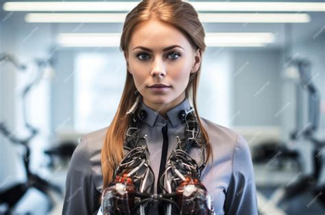 Premium Vector A Woman Wearing A Robot Suit In An Office