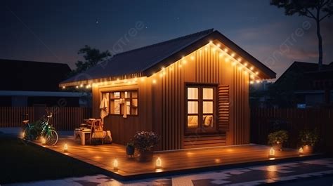 3d로 된 아늑한 목조 주택 외관의 야간 조명 테라스 정원 가구 나무 오두막 배경 일러스트 및 사진 무료 다운로드 Pngtree