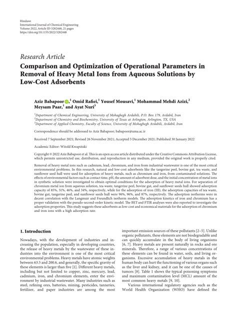 Pdf Comparison And Optimization Of Operational Parameters In Removal Of Heavy Metal Ions From