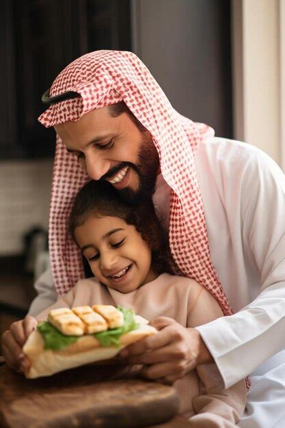 Premium Ai Image Happy Loving Arab Dad And Daughter Eating Sandwiches