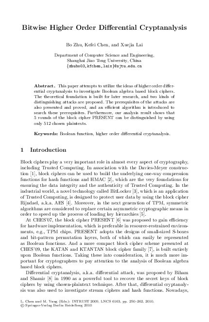 Pdf Bitwise Higher Order Differential Cryptanalysis