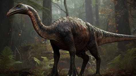 An Adult Dinosaur Walk Through A Forest Background Therizinosaurus