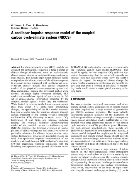 Pdf A Nonlinear Impulse Response Model Of The Coupled Carbon Cycle Climate System Niccs