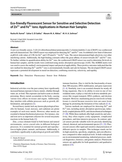 Pdf Eco Friendly Fluorescent Sensor For Sensitive And Selective Detection Of Zn And Fe Ions