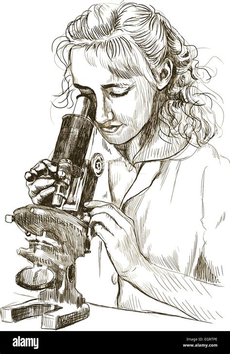 An Hand Drawn Illustration Young Woman With Microscope Stock Vector