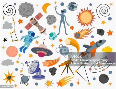 우주 우주는 고립 된 아이콘 세트 흰색 배경에 외부 공간의 요소를 채색 가든코스모스에 대한 스톡 벡터 아트 및 기타 이미지 가든코스모스 개체 그룹 과학 Istock