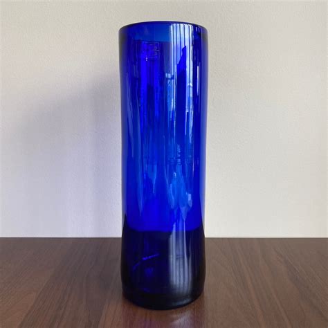 Blenko Glass Cobalt Blue Cylinder Vase 749m 14 Inches With Sticker Etsy