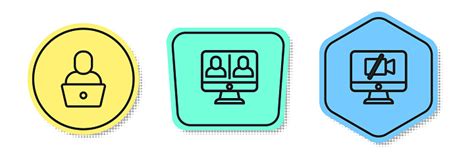 세트 라인 프리랜서 비디오 채팅 컨퍼런스 및 카메라 오프 컴퓨터 컬러 셰이프입니다 벡터 0명에 대한 스톡 벡터 아트 및 기타