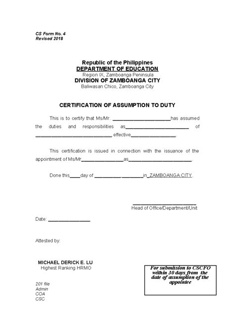 Cs Form No 4 Certification Of Assumption To Duty Cs Form No 4 Revised 2018 Republic Of The