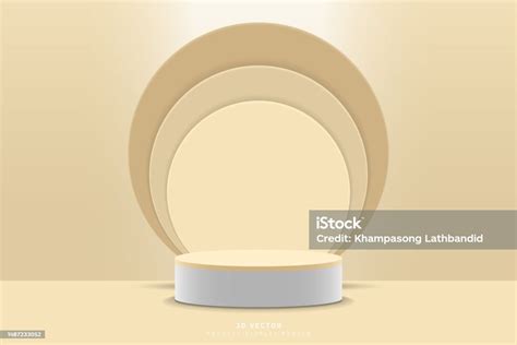 3d 벡터 렌더링 스튜디오 룸에 3개의 둥근 원 모양 배경이 있는 사실적인 갈색과 흰색 실린더 연단 제품 디스플레이 프리젠테이션 또는 모형을 위한 Minima 장면 디자인