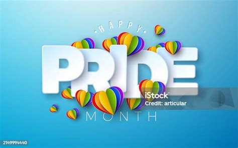 Lgbtq 프라이드의 달 그림 와 와 무지개 색깔 종이 하트 와 Whitetext 상표 통하고 있는 밝은 파란색 배경 사랑은