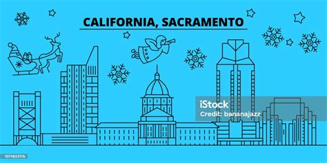 미국 새크라멘토 겨울 휴일 스카이 라인입니다 메리 크리스마스 해피 뉴가 어 장식 산타 Clausunited 상태 새크라멘토 선형 크리스마스 도시 벡터 평면 일러스트와 배너