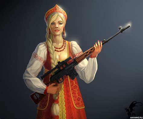 Русская девушка в кокошнике с винтовкой в руках — Арт картинки Сказки