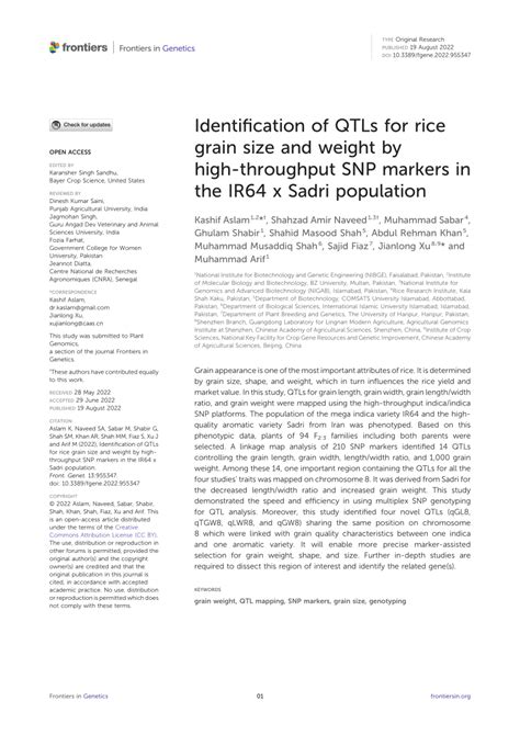Pdf Identification Of Qtls For Rice Grain Size And Weight By High Throughput Snp Markers In