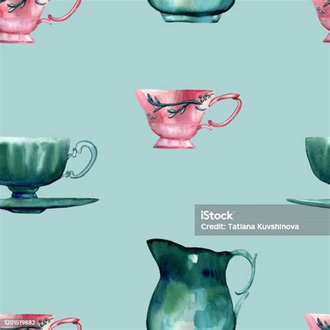 앤티크 청록색과 분홍색 식기의 일러스트를 포함한 수채화 핸드 페인팅 패턴 0명에 대한 스톡 벡터 아트 및 기타 이미지 0명 가정 생활 가정 주방 Istock