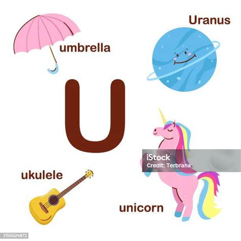 유치원 영어 알파벳 U 문자 유니콘 우산 우쿨렐레 천왕성 화려한 스타일의 알파벳 디자인 어린이를 위한 교육 포스터입니다 놀고