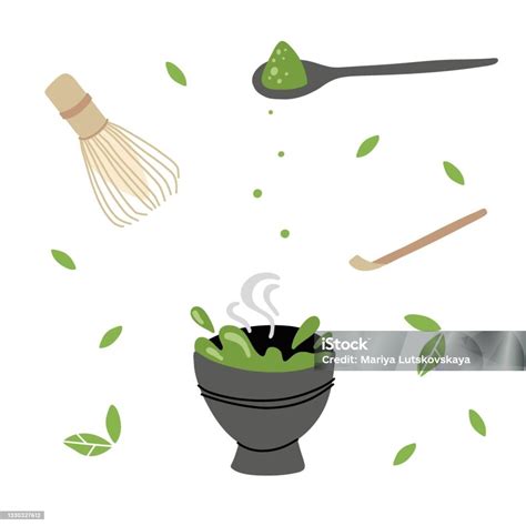 말차 세트 손으로 그린 전통 일본 음료 가루와 숟가락 대나무 거품기와 라떼 중국 녹차 트렌디 한 유기농 맛있는 음료 벡터 만화 고립 된 요소 0명에 대한 스톡 벡터 아트 및