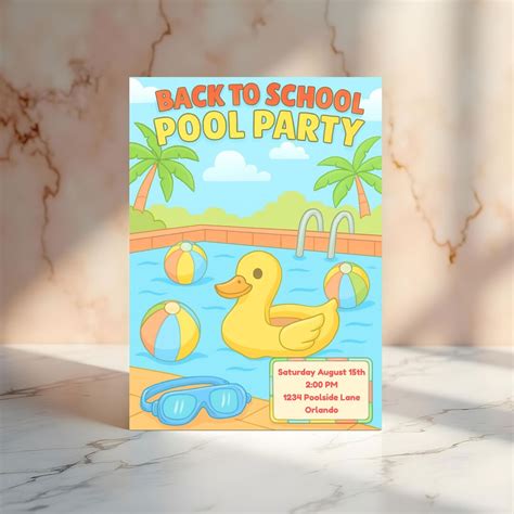 Editable Back To School Pool Party Invitation Fun Summer Swim Invite