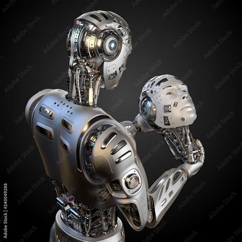 Futuristic Robot Man Holding A Very Detailed Head Of Another Robot Or Cyborg Back View