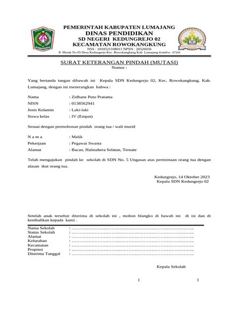 16 Surat Pindah Siswa Pdf