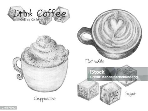 커피 카푸치노 플랫 화이트 라떼 아트 일러스트레이션 디자인의 스케치 연필 라인 음료 배경 레스토랑 카페 바 커피 하우스 커피 숍 갈색에 대한 스톡 벡터 아트 및 기타 이미지