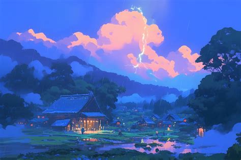 디지털 아트 스타일의 천둥 폭풍 일러스트레이션 Ai 생성 이미지