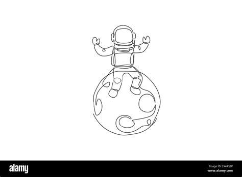 Single Continuous Line Drawing Of Floating Science Astronaut In Spacewalk And Sitting On Full