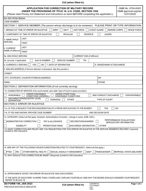 Dd Form 149 Application For Correction Of Military Record Under The Provisions Of Title 10 U