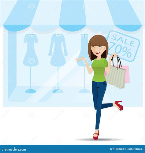 Cartoon Teenage Girl Shopping On Shop Background Stock Vector Image