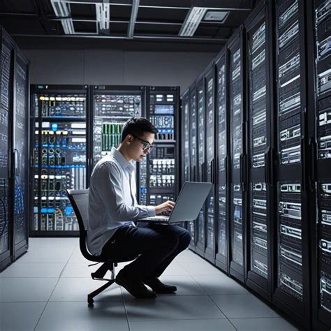 A Man Sits In A Computer Lab With Many Computers In The Background Premium Ai Generated Image