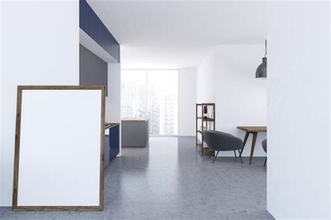 흰색 거실과 주방 인테리어는 회색 바닥과 프레임 수직 포스터가 벽 근처를 조롱합니다 3d 렌더링 프리미엄 사진