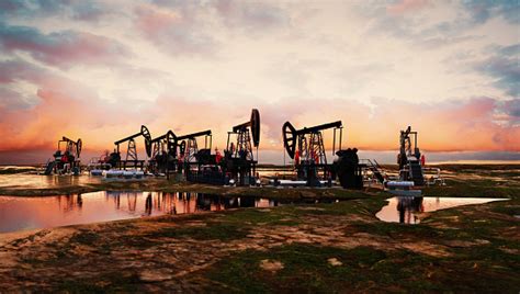 오일 펌프 석유 산업 장비 일몰에 유전 실루엣에서 시추 데릭 에너지 공급 위기 3d 렌더링 3차원 형태에 대한 스톡 사진 및 기타 이미지 Istock