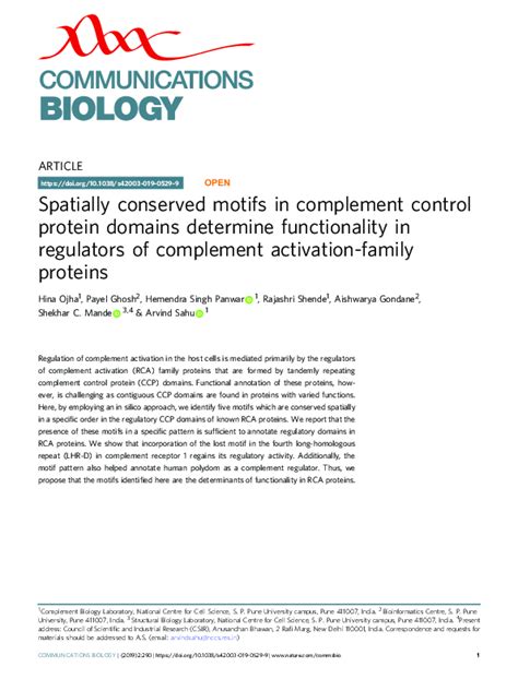 Pdf Spatially Conserved Motifs In Complement Control Protein Domains