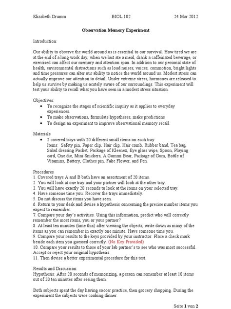 Week 1 Lab Observation Memory Experiment Pdf Memory Experiment