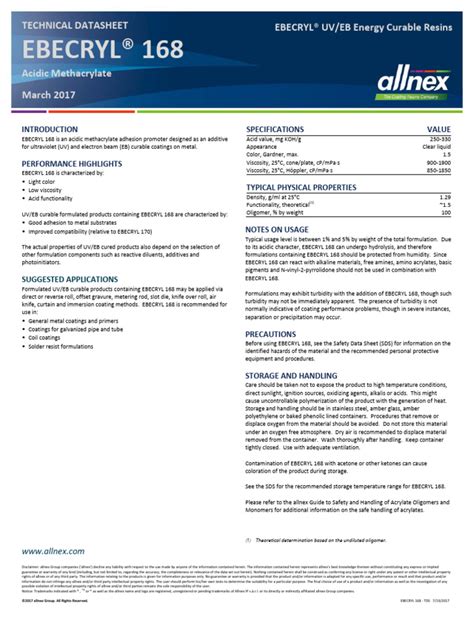Ebecryl 168 Americas En Pdf Ultraviolet Viscosity