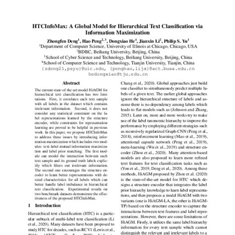 Htcinfomax A Global Model For Hierarchical Text Classification Via Information Maximization