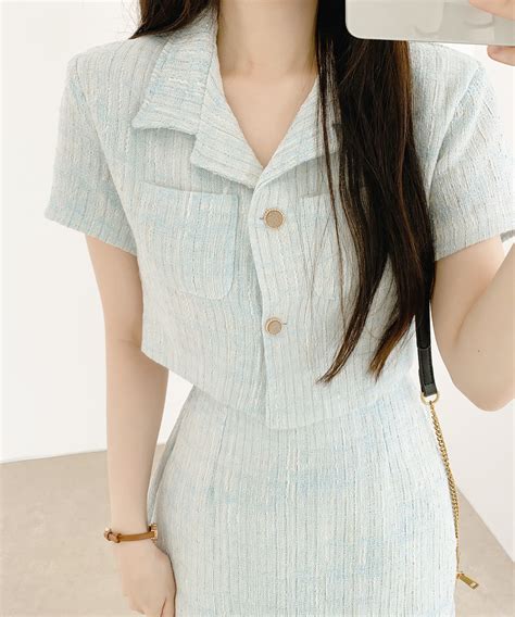 조이얼랏 Made Set 코튼 트위드 짜임 하운드투스체크네이비베이지핑크민트그린블루 크롭 숏 반팔 여름 자켓 미니 스커트 치마 투피스 세트 셋업 Set 하객