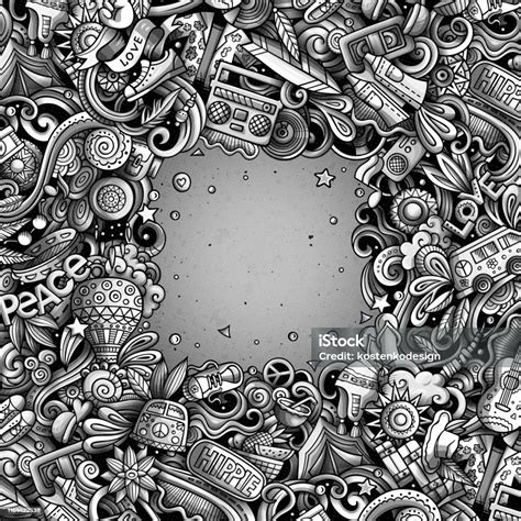 히피 손으로 그린 벡터 낙서 그림입니다 히피 프레임 카드 디자인 젊은 사람들 요소와 개체 만화 배경입니다 톤 재미 테두리 모든 항목은 분리됩니다 0명에 대한 스톡 벡터 아트