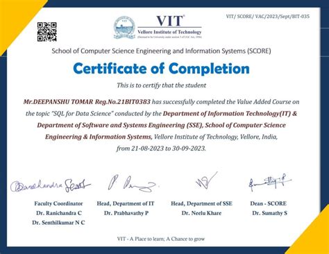 Deepanshu Tomar On Linkedin Datascience Sql Professionaldevelopment Vitvellore